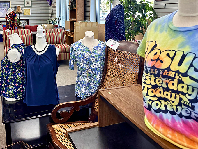 Mannequins modeling their Sunday best. That blue floral top is practically begging for a second chance at brunch or a garden party.