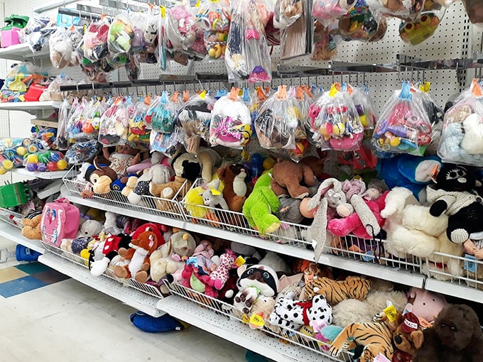 A plush toy paradise where stuffed animals hang like exotic fruit, ready to be adopted by the next generation of huggers.
