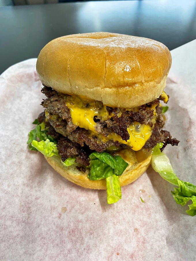 Behold the triple cheeseburger in its natural habitat &ndash; a monument to American excess that somehow manages to remain perfectly balanced. Engineering marvel meets lunch.