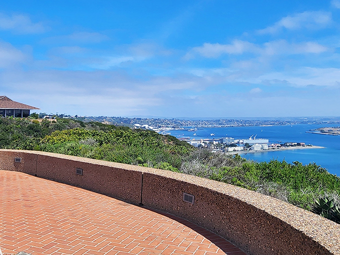 From this brick-lined viewpoint, San Diego Bay unfolds like a living map&mdash;naval history, urban skyline, and natural beauty in one panoramic sweep.