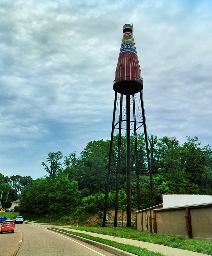 From street level, the bottle looms like a friendly giant, watching over Collinsville with the quiet dignity only a massive condiment container can muster.