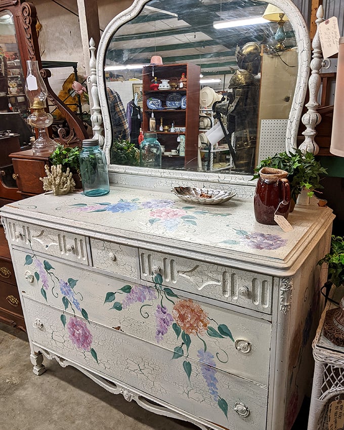 This isn't just a dresser&mdash;it's botanical artistry on furniture. Grandmother's vanity gets a glow-up that would make any Instagram influencer jealous.