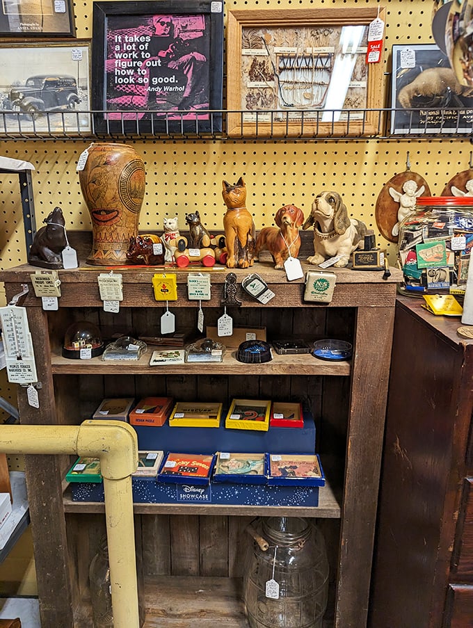 A menagerie of memories lines these shelves&mdash;from vintage pups to Andy Warhol wisdom. Each figurine is someone's childhood or collection cornerstone.