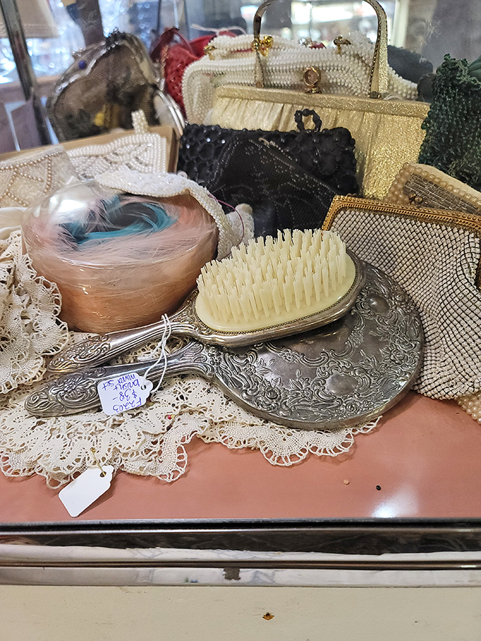 Grandmother's vanity table comes alive in this collection of silver-plated brushes and beaded purses&mdash;elegance from an era when getting ready was an event.
