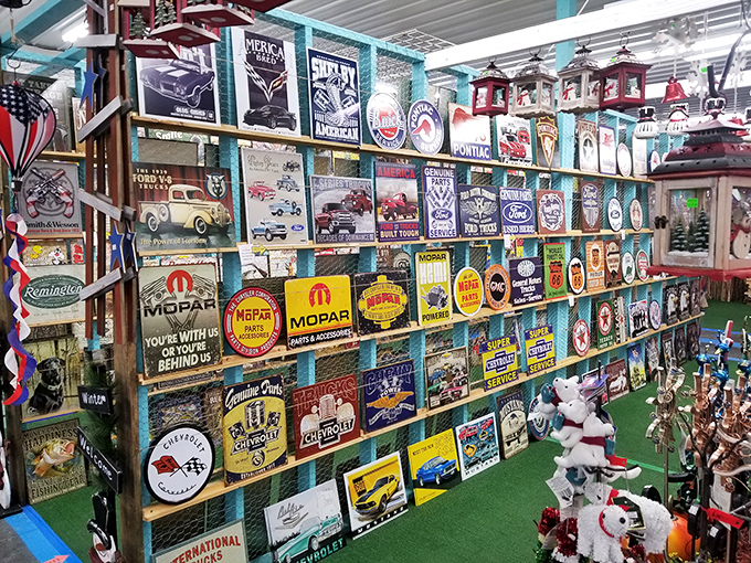 Nostalgia by the square foot! These vintage-style metal signs let you decorate your garage with the ghosts of gas stations past.