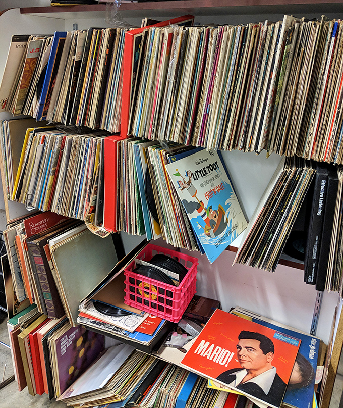 Vinyl enthusiasts, prepare to dig! These record stacks hide forgotten gems between Mario Lanza albums and Disney soundtracks from another era.