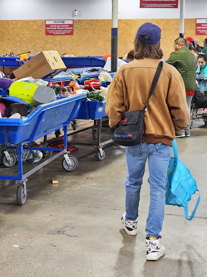 Treasure hunters navigate the blue bin landscape, each armed with their own strategy for uncovering that needle-in-a-haystack find.