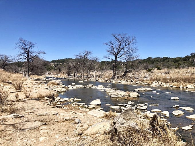 When the water gets low, nature creates its own rock-hopping obstacle course for the eternally young at heart.