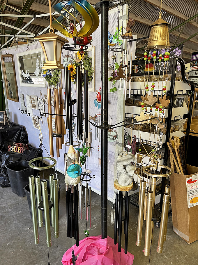 Wind chimes and hanging treasures create a symphony of potential purchases, each one competing to be the next conversation piece in your garden.