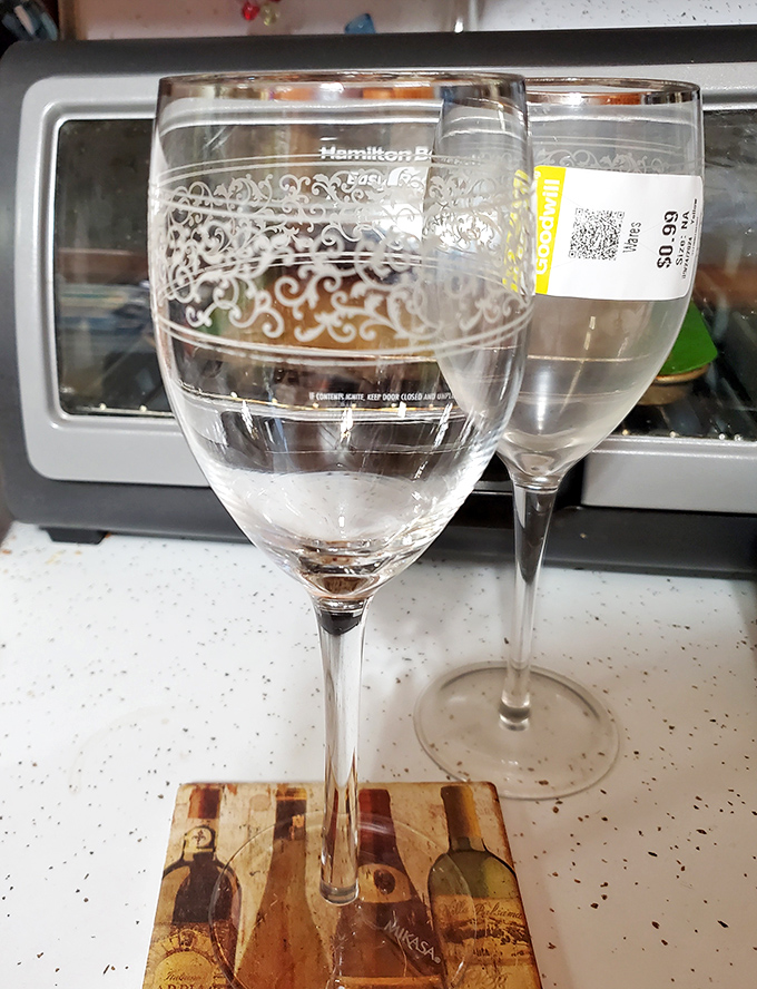 Elegant glassware proving someone's fancy dinner party loss is absolutely your sophisticated cocktail hour gain here.