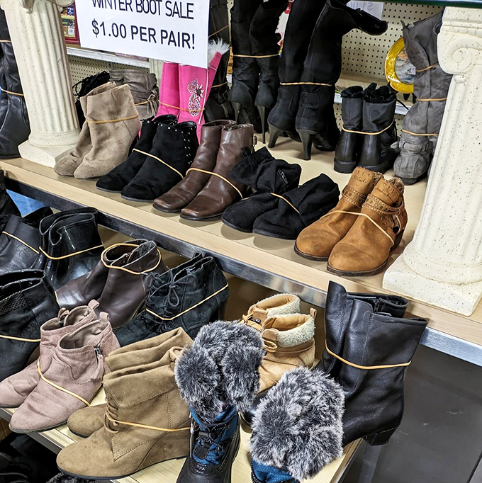 Boot paradise at bargain basement prices! Winter footwear lined up like hopeful contestants on a dating show, each one perfect for someone.