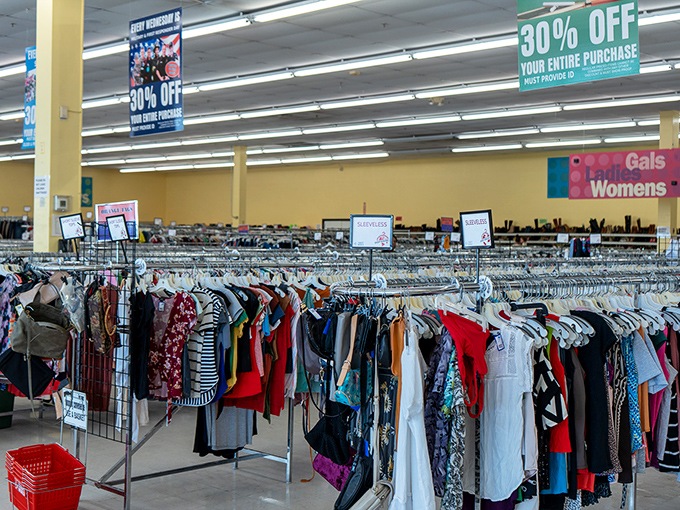 Racks upon racks of women's clothing stretch toward the horizon. That 30% off sign is the thrifter's equivalent of a double rainbow.