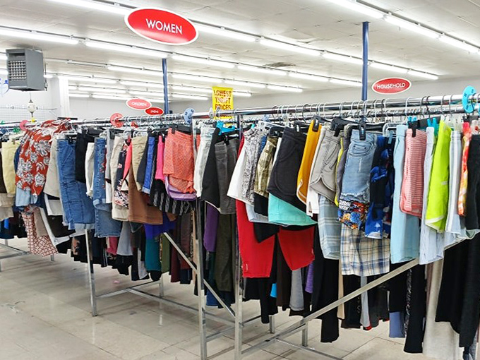 The women's clothing section &ndash; organized chaos at its finest. Like a rainbow decided to collaborate with a fashion magazine from every decade.
