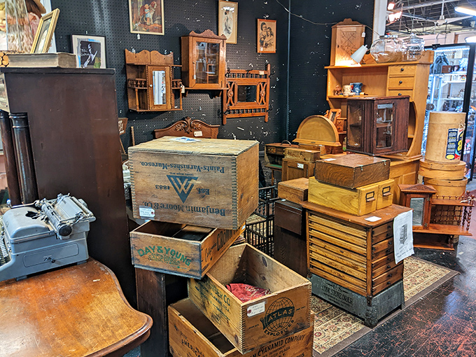 Wooden crates that once carried everything from dynamite to soda pop now stand as rustic time capsules. That typewriter's seen more stories than most bestselling authors.
