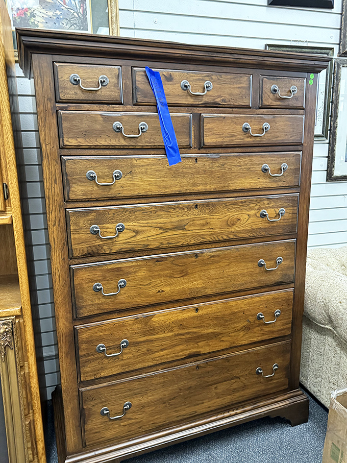 Solid wood craftsmanship that puts today's particle board furniture to shame. This dresser has stories to tell and decades more of service to give.