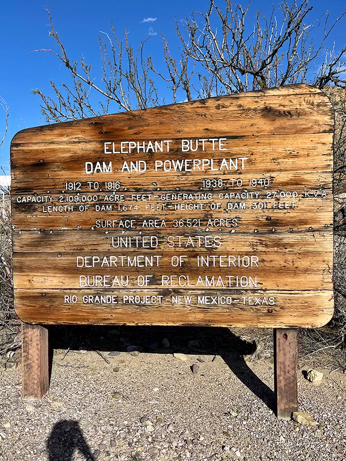 History carved in wood &ndash; this sign tells the tale of how humans tamed the Rio Grande and created New Mexico's aquatic playground. 