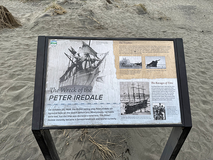 History frozen in time &ndash; this interpretive sign tells the tale of the Peter Iredale's 1906 mishap that transformed a sailing vessel into an eternal tourist attraction. 