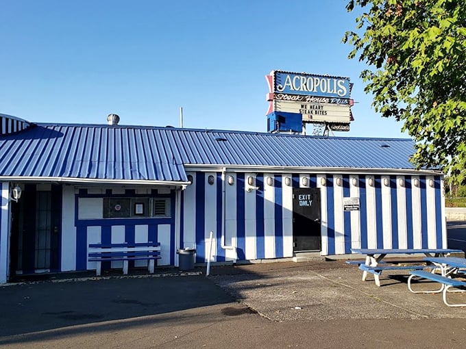 The Acropolis's distinctive blue and white striped building houses Portland's most surprising culinary contradiction.