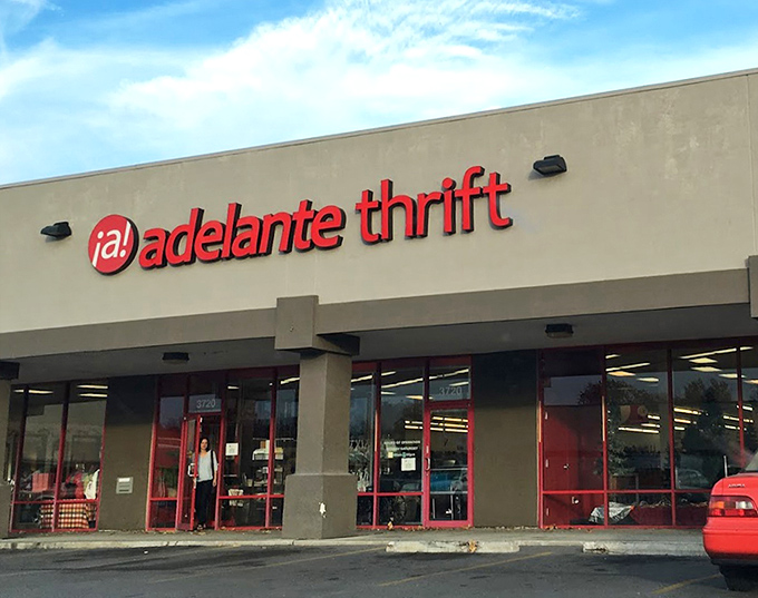Adelante's bold red signage pops against the neutral building&mdash;much like the colorful treasures waiting to be discovered inside.