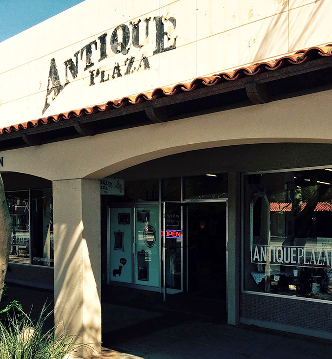 Antique Plaza's classic storefront design feels like stepping back to when shopping was a leisurely neighborhood adventure.