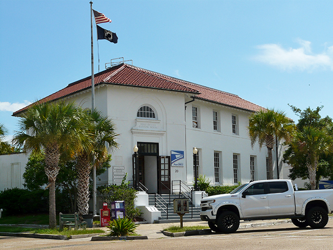 The historic courthouse anchors this fishing village where oysters are practically currency and time moves with the tides.