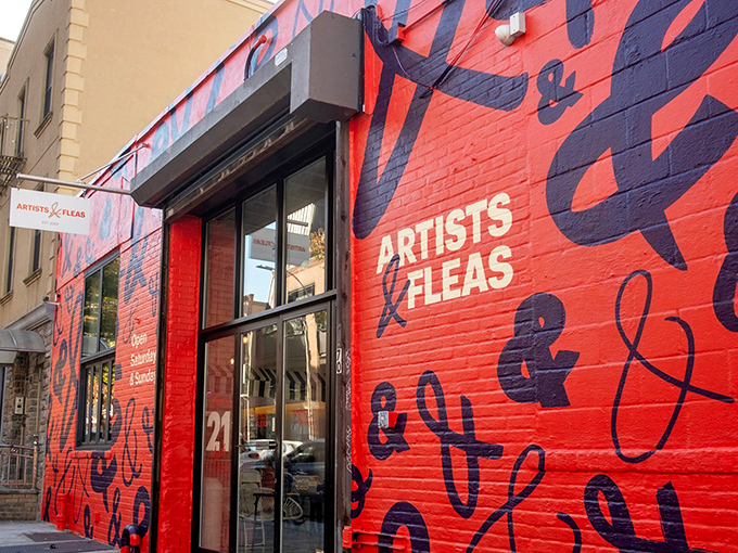 Artists & Fleas Williamsburg transforms industrial spaces into creative wonderlands. That disco ball watches over a kingdom of handmade treasures.