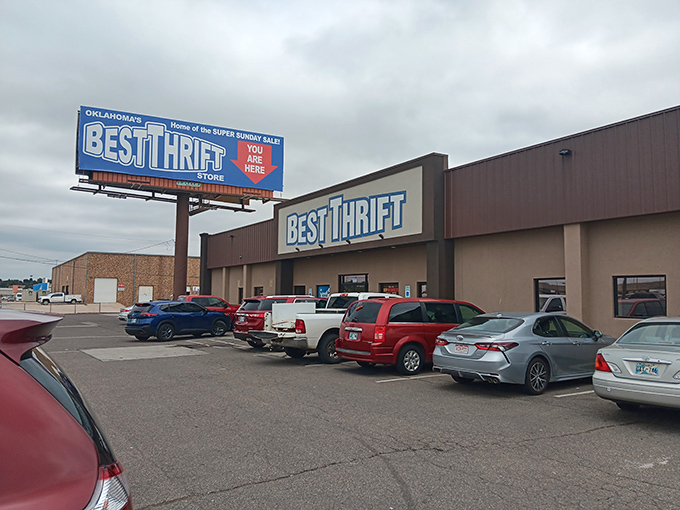 That billboard says it all - Oklahoma's home of super savings where your dollar works overtime.
