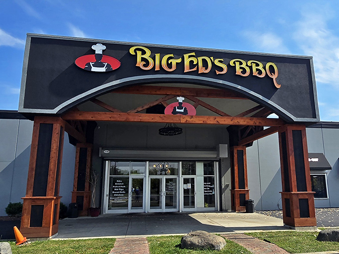 Big Ed's grand entrance might look like the gateway to a rustic lodge, but it's actually the portal to brisket nirvana.