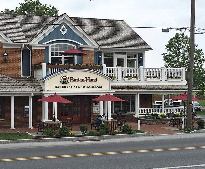 Bird-in-Hand Bakery & Cafe: Where red umbrellas invite you to sit a spell and the pastries invite you to loosen your belt.