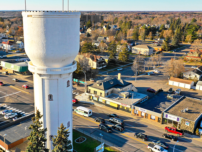 Brainerd’s iconic water tower stands tall over the city, a proud landmark watching daily life unfold below.
