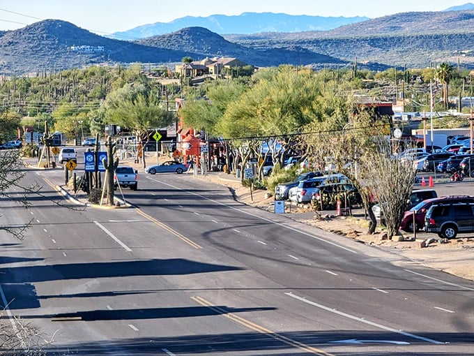 Cave Creek's main thoroughfare blends Wild West atmosphere with upscale desert living, surrounded by the stunning Sonoran Desert landscape.
