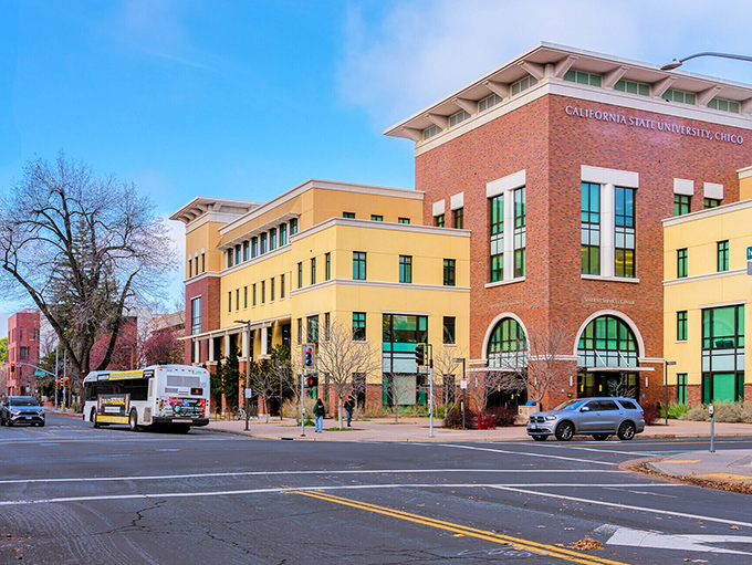 Chico's college-town vibe is evident in its colorful downtown buildings, where brick and modern architecture create a vibrant community hub.