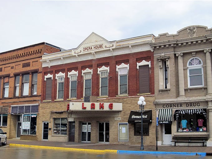 The Lake Theater's vintage marquee adds nostalgic charm to Clear Lake's main street, promising entertainment just as it has for decades.
