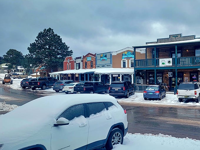 Cloudcroft's main street in winter looks like a Hallmark movie set - all snow and mountain lodge magic.