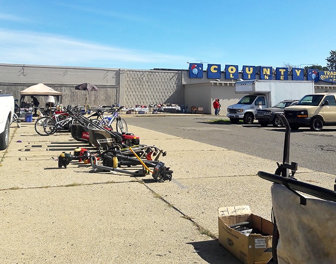 When bicycles multiply like rabbits outside a trade center, you know serious bargain hunting happens inside.