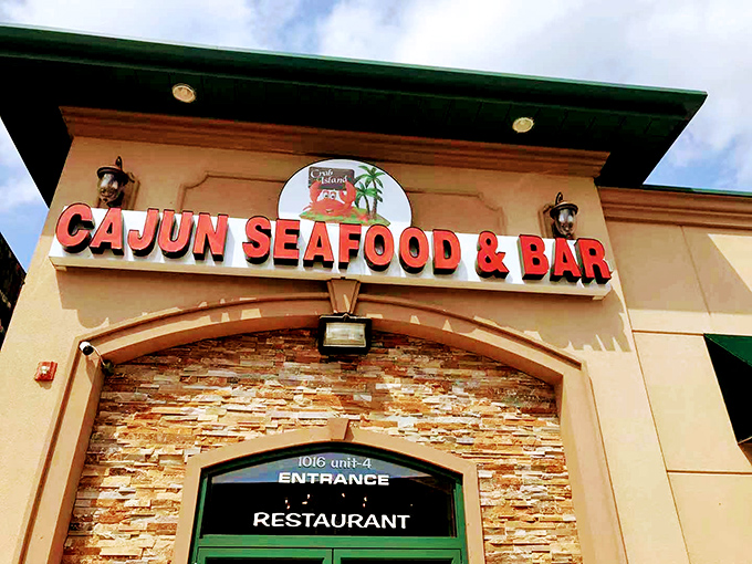 Stone and spice and everything nice! Crab Island's bold red lettering promises a Cajun seafood adventure that'll make your taste buds dance the Zydeco.