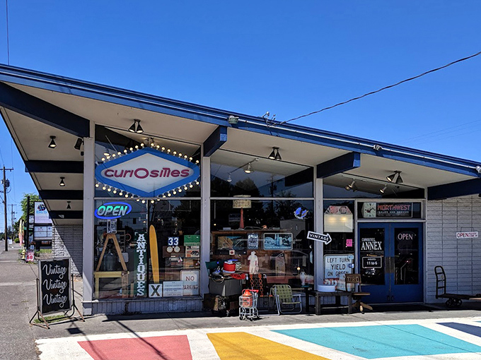 That geometric sidewalk art perfectly captures the playful spirit of serious vintage treasure hunting.