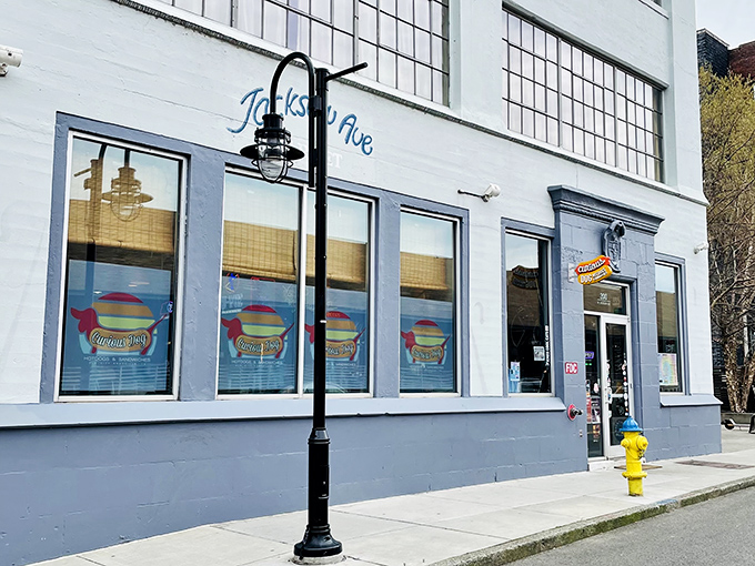 This light blue storefront on a quiet downtown street hides some of Knoxville's most creative hot dog combinations.