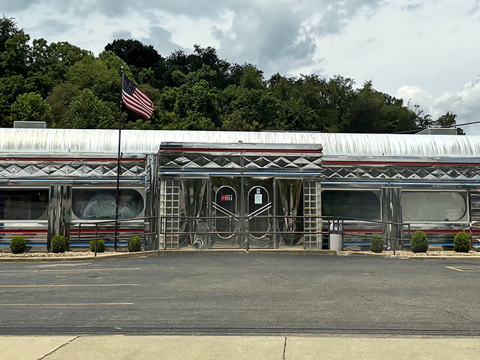 Diner 23's classic silver railcar gleams under the American flag &ndash; patriotism served with a side of pancakes.