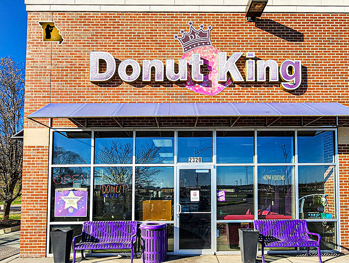 Donut King's royal purple benches offer the perfect throne for enjoying their crown-worthy creations.