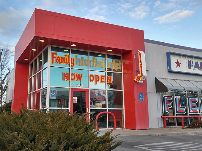 Family Indoor Flea Market's bright red entrance pops against the sky like a welcome sign to bargain heaven.