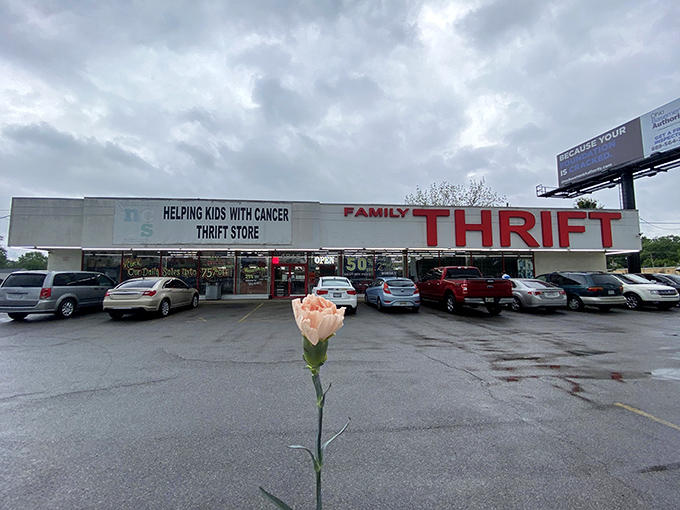 That touching "Helping Kids with Cancer" message makes every purchase at Family Thrift feel meaningful.