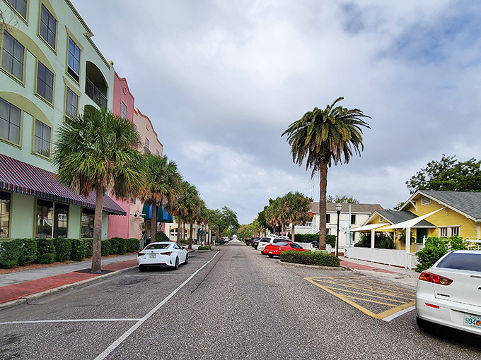 Pastel buildings and palm trees create the perfect Florida palette along this inviting downtown street.