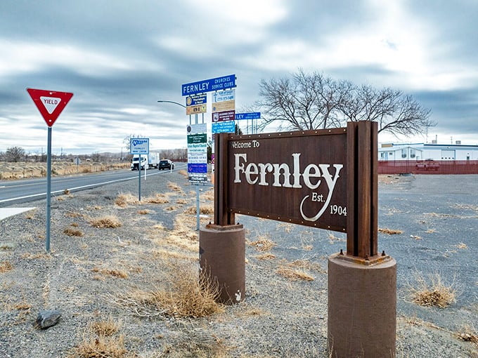 Fernley's "Est. 1904" sign welcomes visitors to a town where prices feel pleasantly stuck in the past.