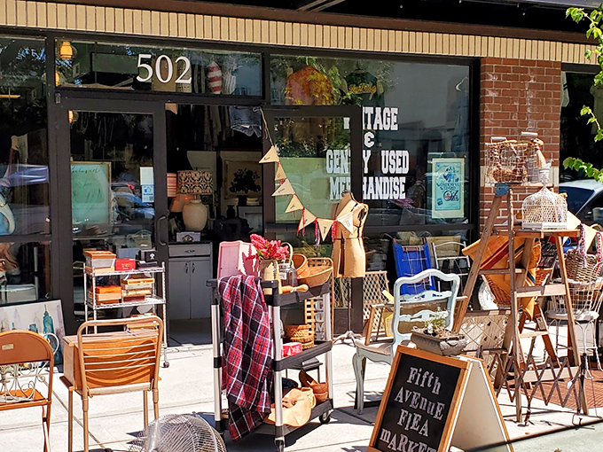 Olympia's Fifth Avenue Flea Market showcases vintage treasures and local art through its welcoming storefront.