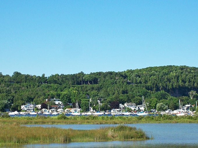 Fish Creek's downtown slopes gently toward the harbor, inviting visitors to explore shops, galleries, and waterfront views all day.