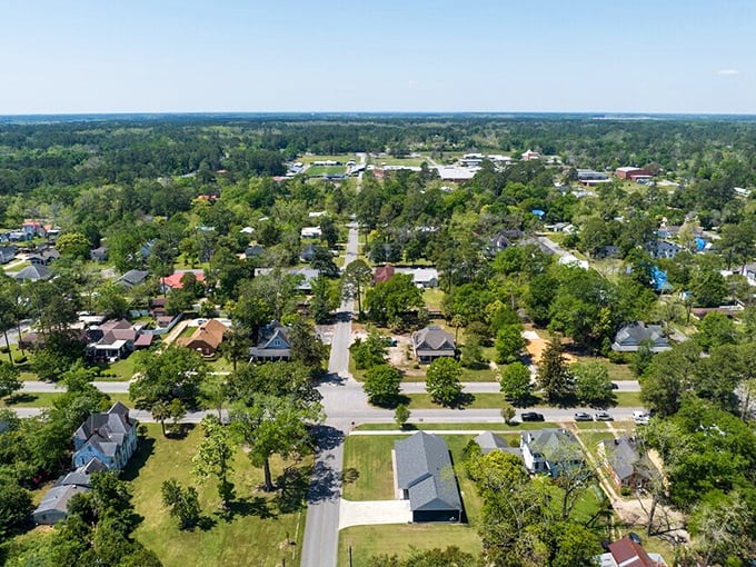 A bird's-eye view of Fitzgerald showcases its orderly streets and abundant greenery, where $1,800 monthly goes surprisingly far.