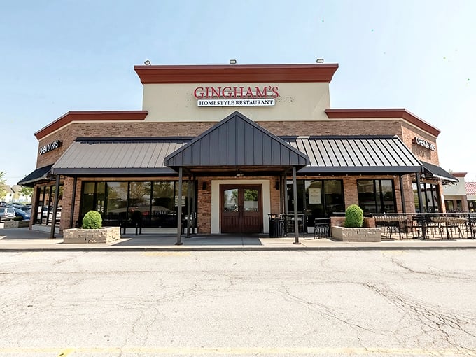 Gingham's brick-and-awning elegance says "we take comfort food seriously" while the 24-hour sign whispers "pancakes at midnight? Absolutely."