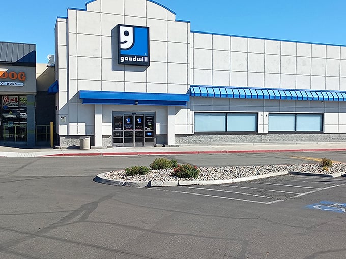 Goodwill's iconic blue logo welcomes thrifters like an old friend. Inside, treasures await more valuable than any casino jackpot.