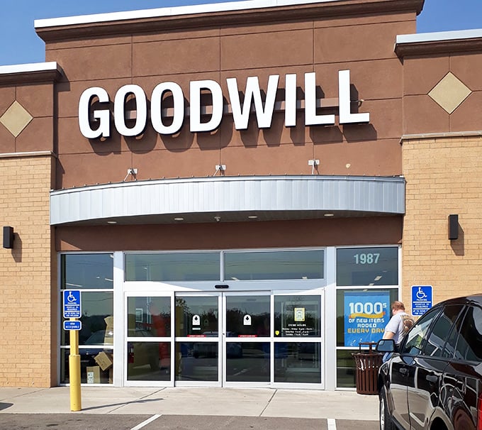 Goodwill's welcoming entrance promises a treasure hunt where your dollars do double duty.